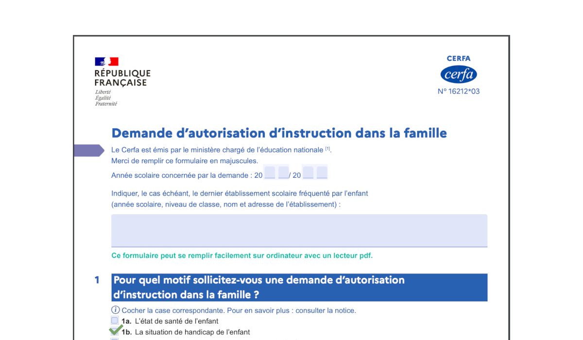 IEF Motif 1 - Demande d'autorisation d'instruction en famille